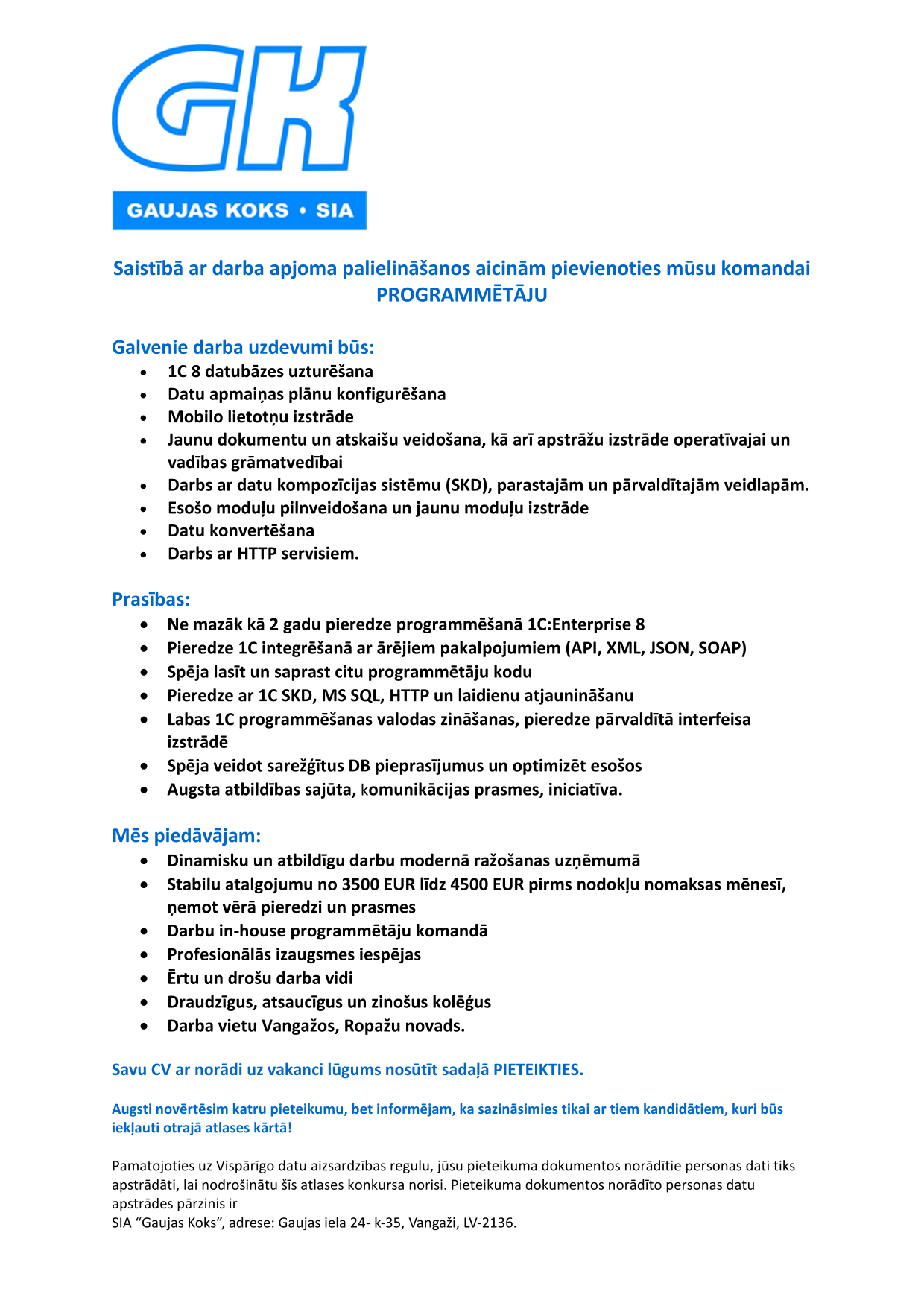 Vakance - 1C Programmētājs/-a, Gaujas Koks SIA | CV-Online