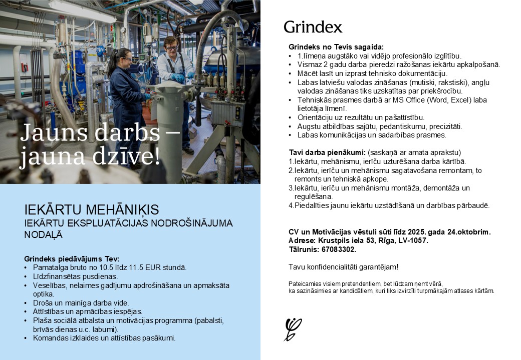 Vakance - Iekārtu mehāniķis iekārtu ekspluatācijas nodrošinājuma nodaļā ...
