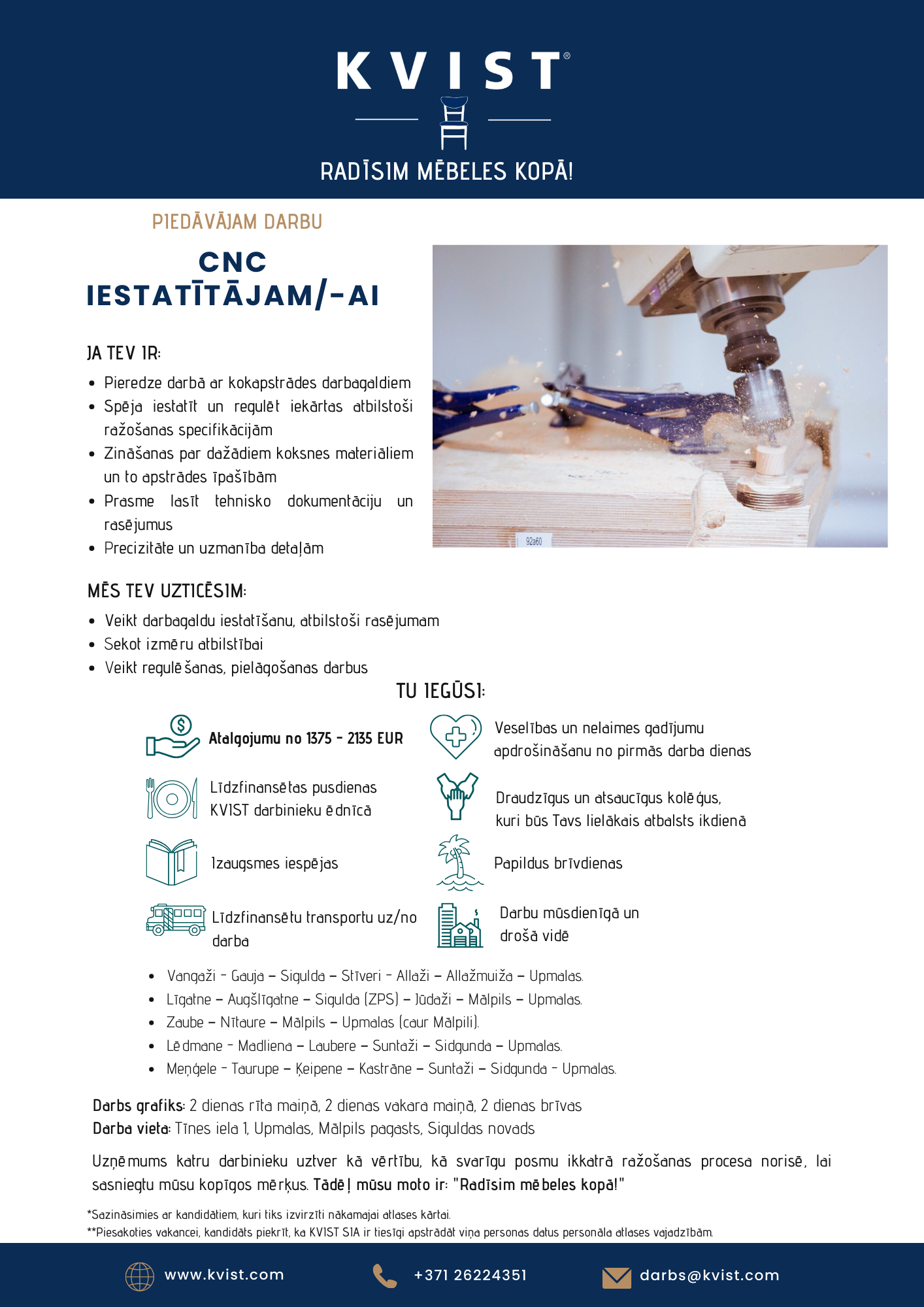 Vakance - CNC iestatītājam/-ai, Kvist SIA | CV-Online