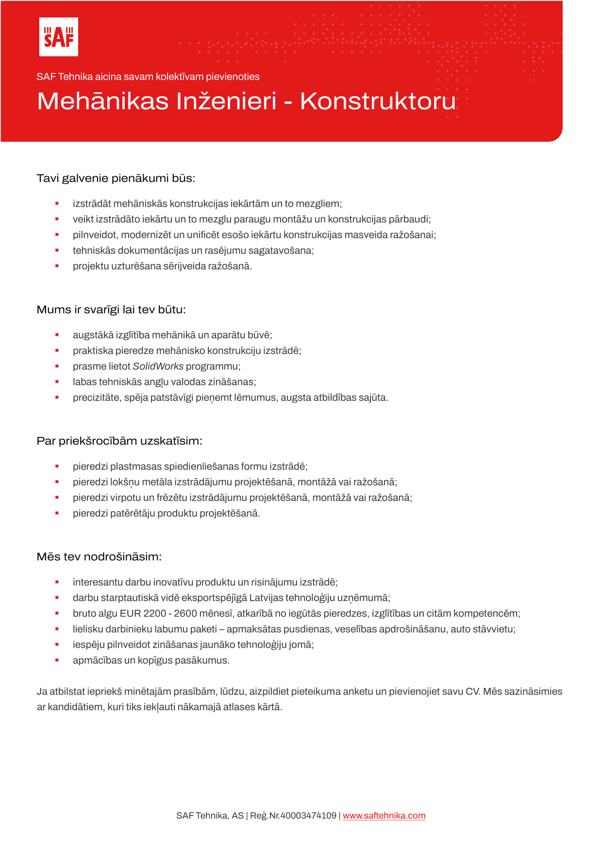 Vakance - Mehānikas Inženieris - Konstruktors, SAF TEHNIKA AS | CV-Online