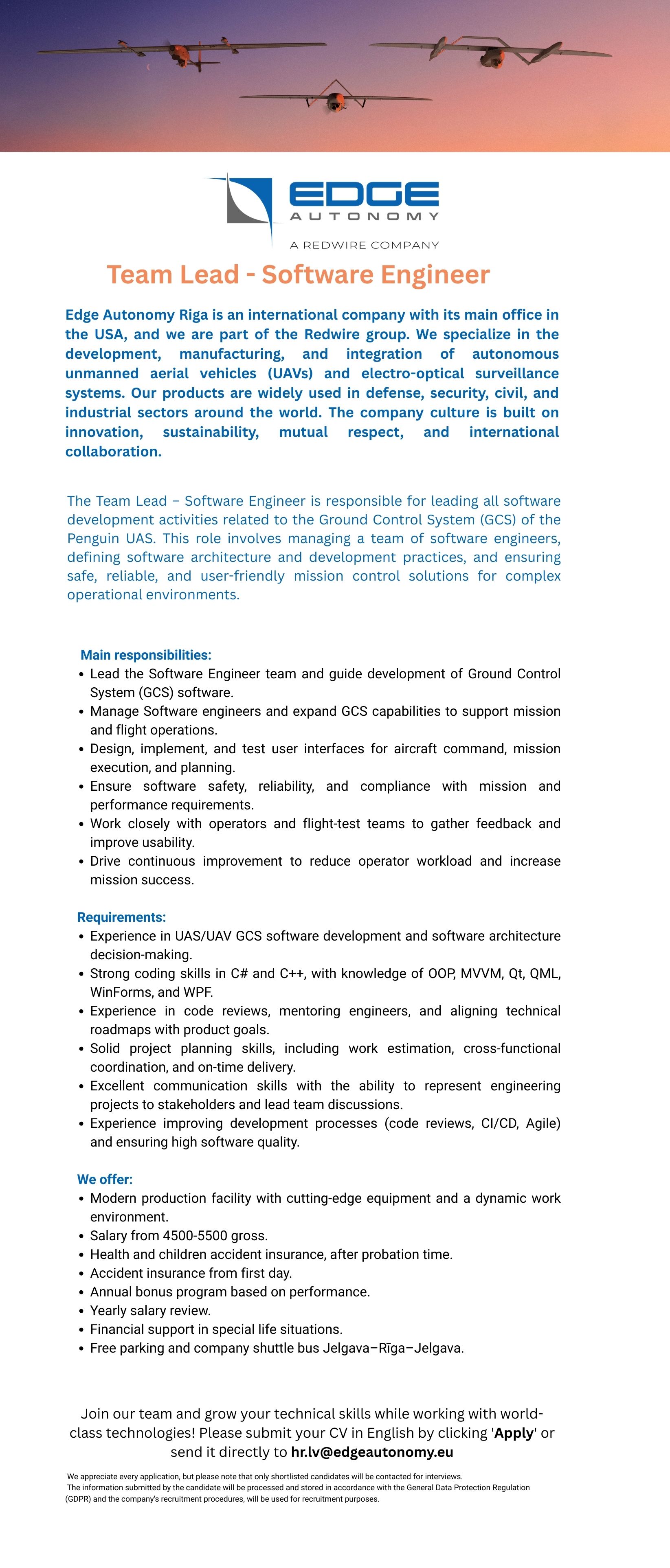 Vakance - Team Lead - Software Engineer, Edge Autonomy Riga SIA | CV-Online