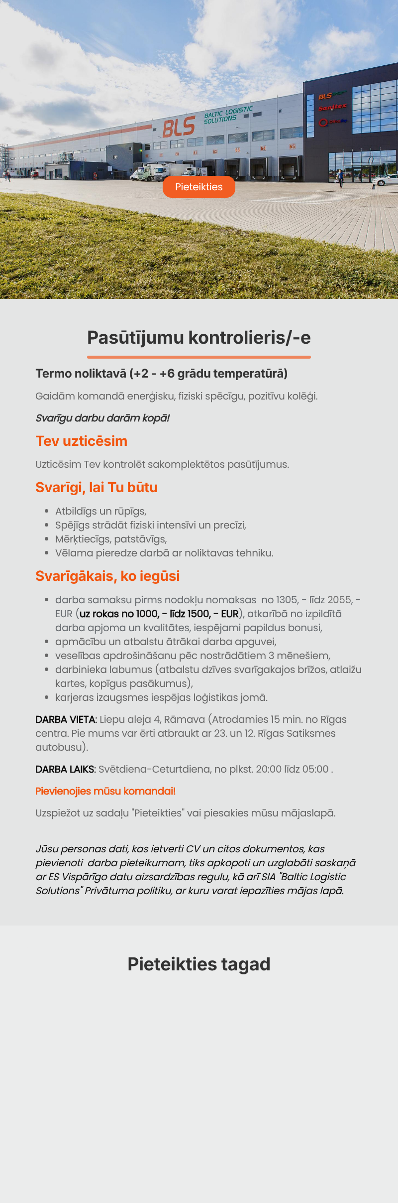 Vakance - Pasūtījumu kontrolieris/-e Termo noliktavā (+2 - +6 grādu ...