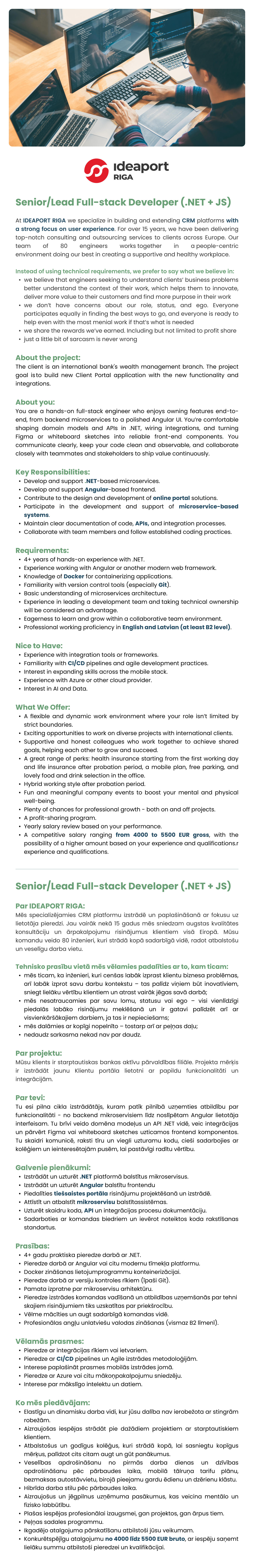 Vakance - Senior/Lead Full-stack Developer (.NET + JS), AS Ideaport Riga | CV-Online