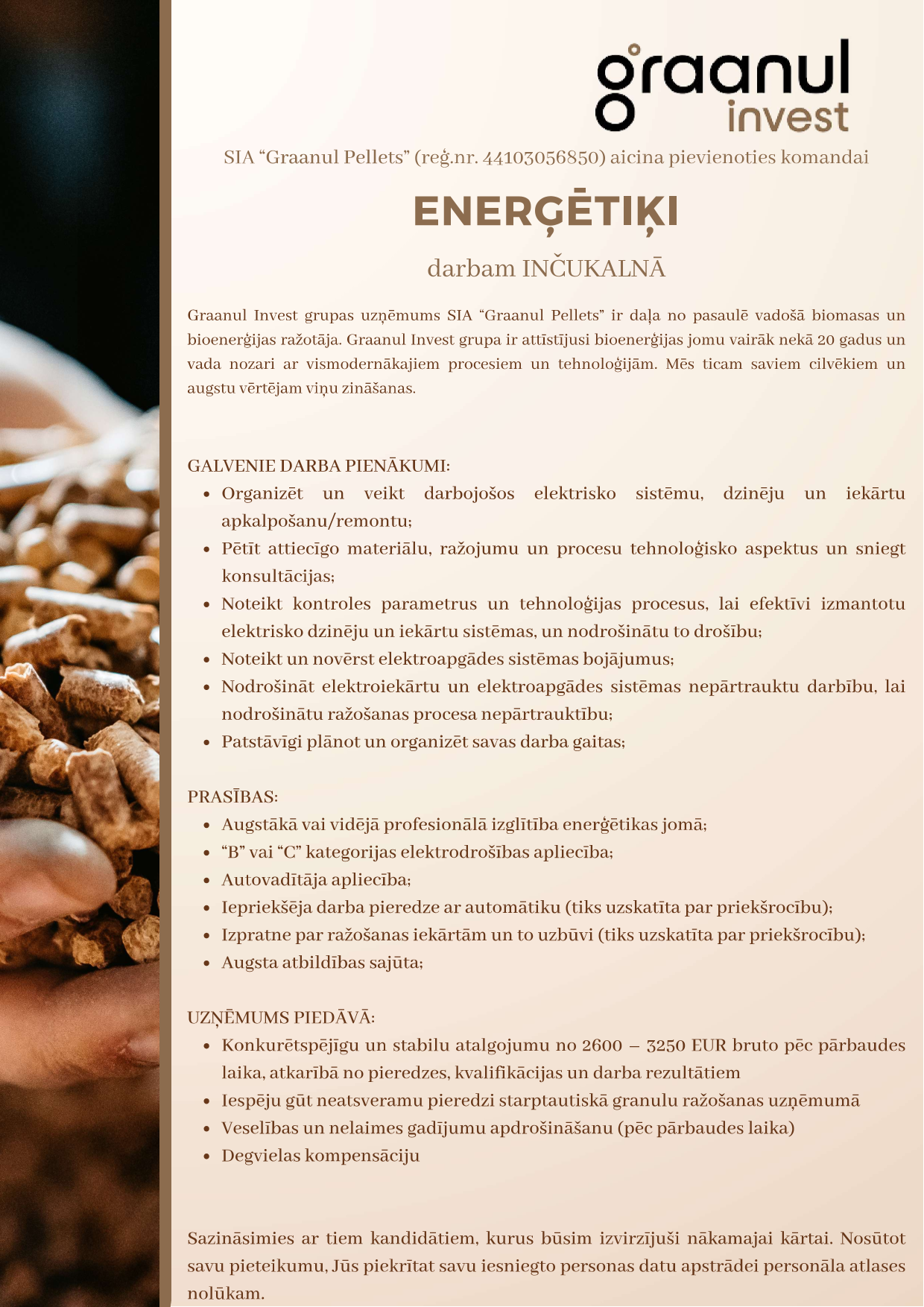 Vakance - Enerģētiķis, GRAANUL PELLETS SIA | CV-Online